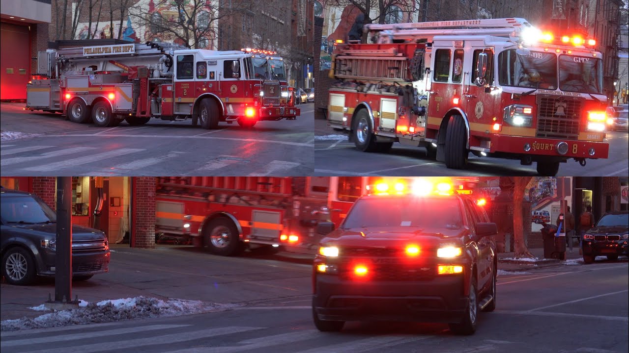 Philadelphia Fire Department Squrt 8 Tower Ladder 2 & Battalion 4 ...
