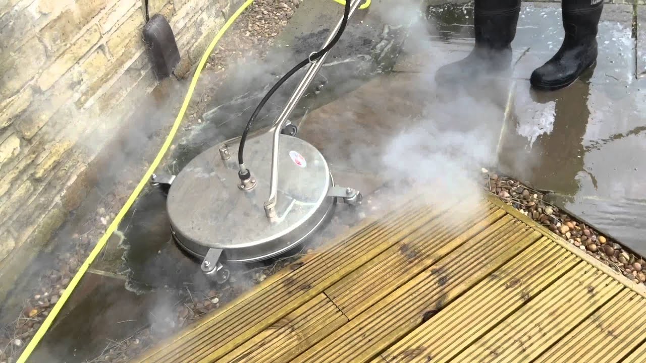 Hot jet washing Indian flagstone cleaning and decking cleaning - YouTube