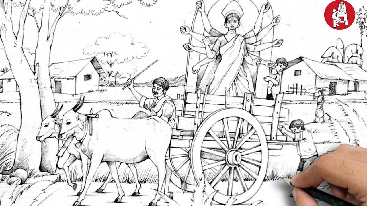 HOW TO DRAW DURGA PUJA DRAWING (FULL TUTORIAL) AUTUMN SEASON SCENERY ...