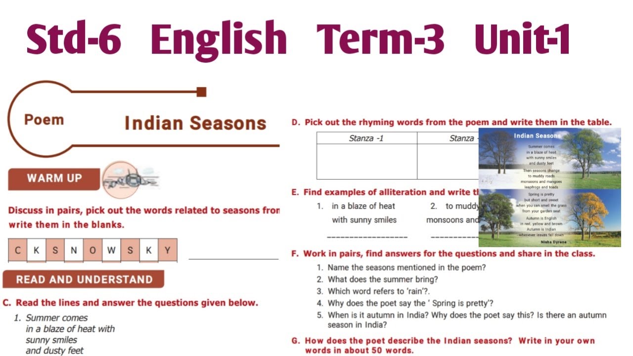 Indian Seasons Book Back Answers 6th Standard English Term 3 Unit 1 Poem Question Answers indian-seasons-book-back-answers-6th-standard-english-term-3-unit-1-poem-question-answers