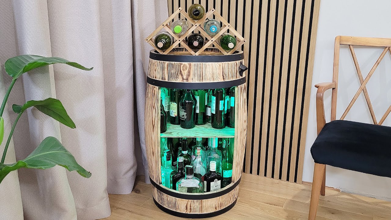 Home bar with coloured LED light RGB alcohol cabinet made of wooden ...