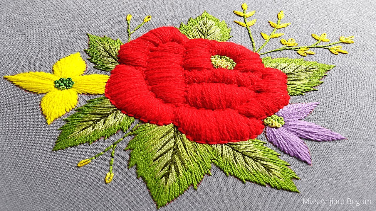 Hand Embroidery Red Rose with Cotton, Puff Cotton Hand Embroidery ...