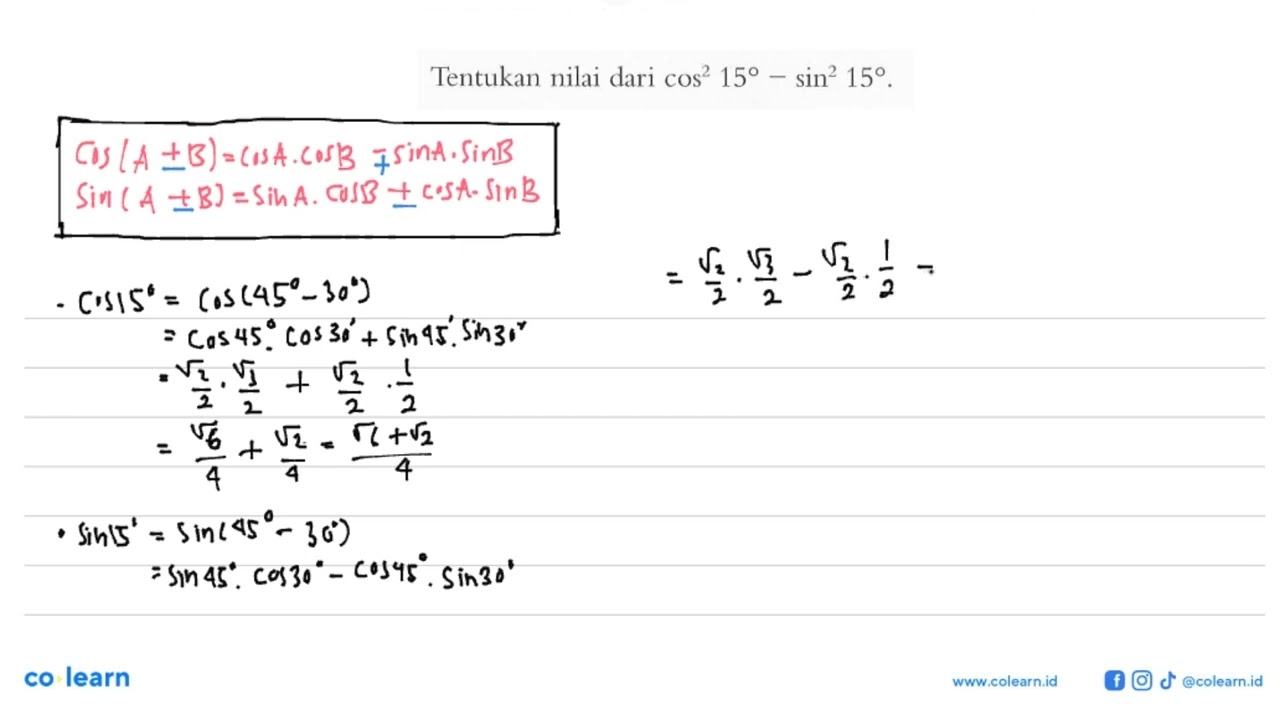 Tentukan Nilai Dari Cos 2 15 sin 2 15 YouTube Tentukan Nilai Dari Cos 2 15 sin 2 15 YouTube