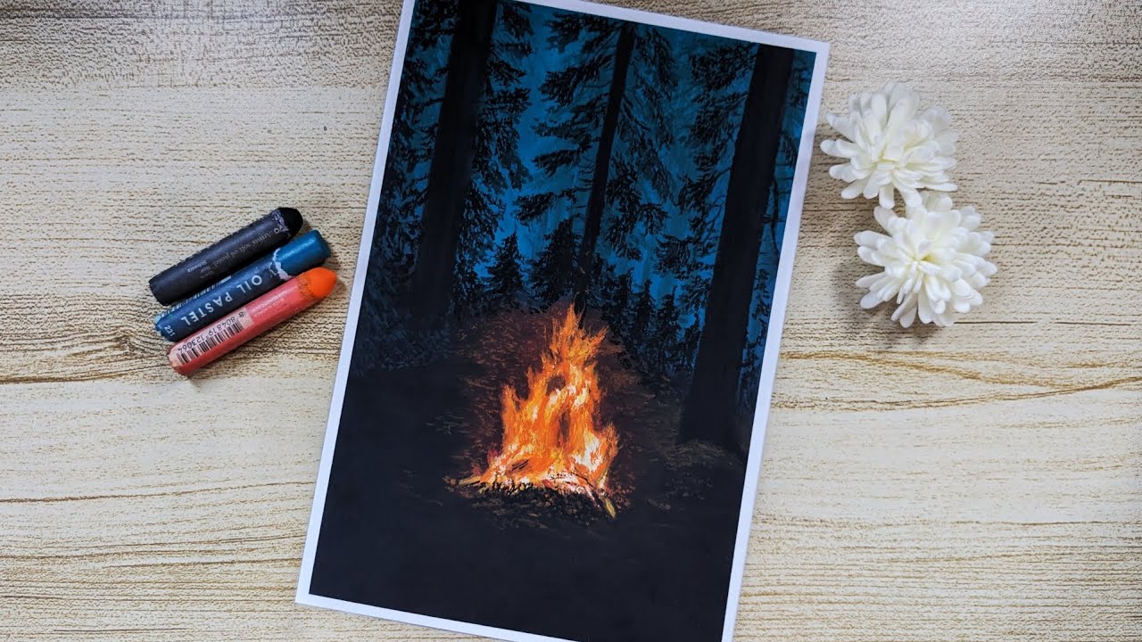 Oil Pastel Drawing - Bonfire | How to draw using oil pastel - YouTube