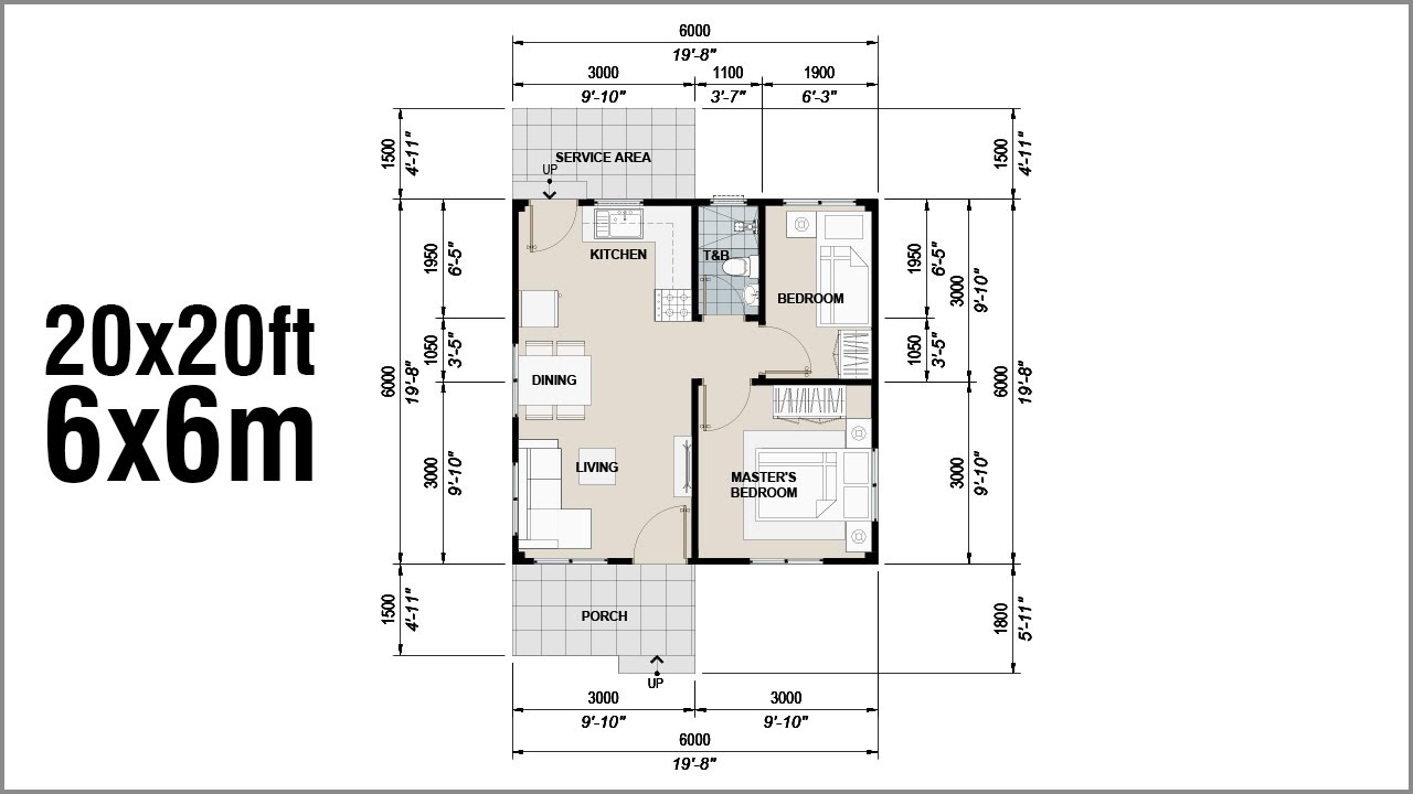 Small House 2 Bedroom Floor Plan (6x6m/20x20ft, 36 Sqm) Floor Plan No ...