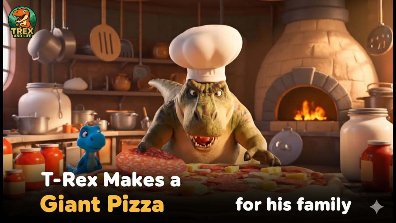 T-Rex Makes a Giant Pizza for His Family! | Funny Cartoon for Kids | T ...