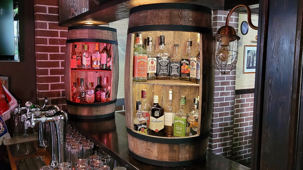 Wooden barrel bar with LED lighting home mini bar 80x50cm wenge - YouTube