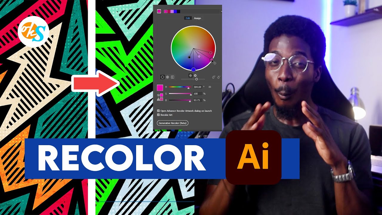 How to change color on an image on Adobe Illustrator using the Recolor ...