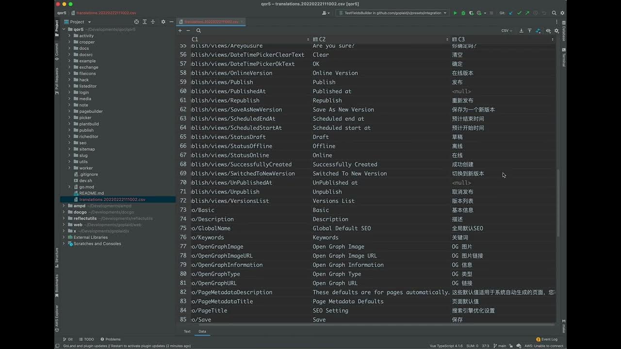 QOR5 i18n-transfer tool to export go struct messages to csv, and import csv to go struct ...