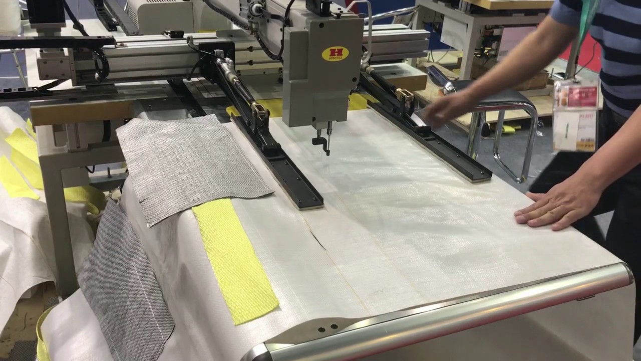 Automatic pattern sewing machine for attaching belts to container bags - YouTube