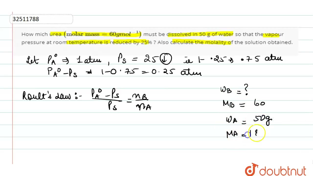 How mich urea (molar mass=60 g mol^(-1)) must be dissolved in 50 g of ...