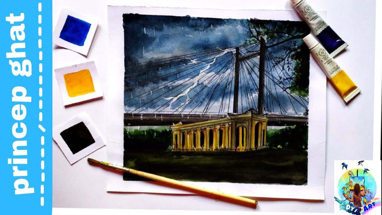 Watercolor painting of Princep Ghat, Kolkata /how to draw lighting with ...