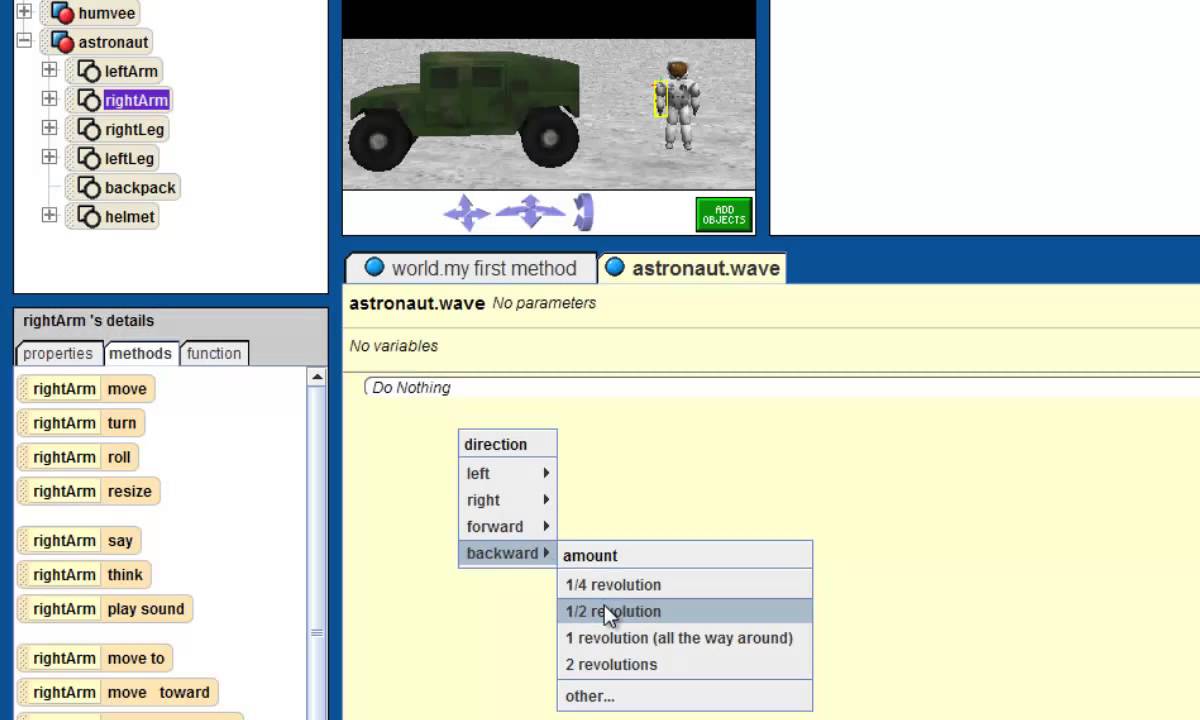 Duke Intro to Alice Programming: Astronaut and Humvee (Part 4 of 7 ...