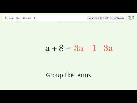 Solve 2(a+4)=3a-1: Linear Equation Video Solution | Tiger Algebra - YouTube