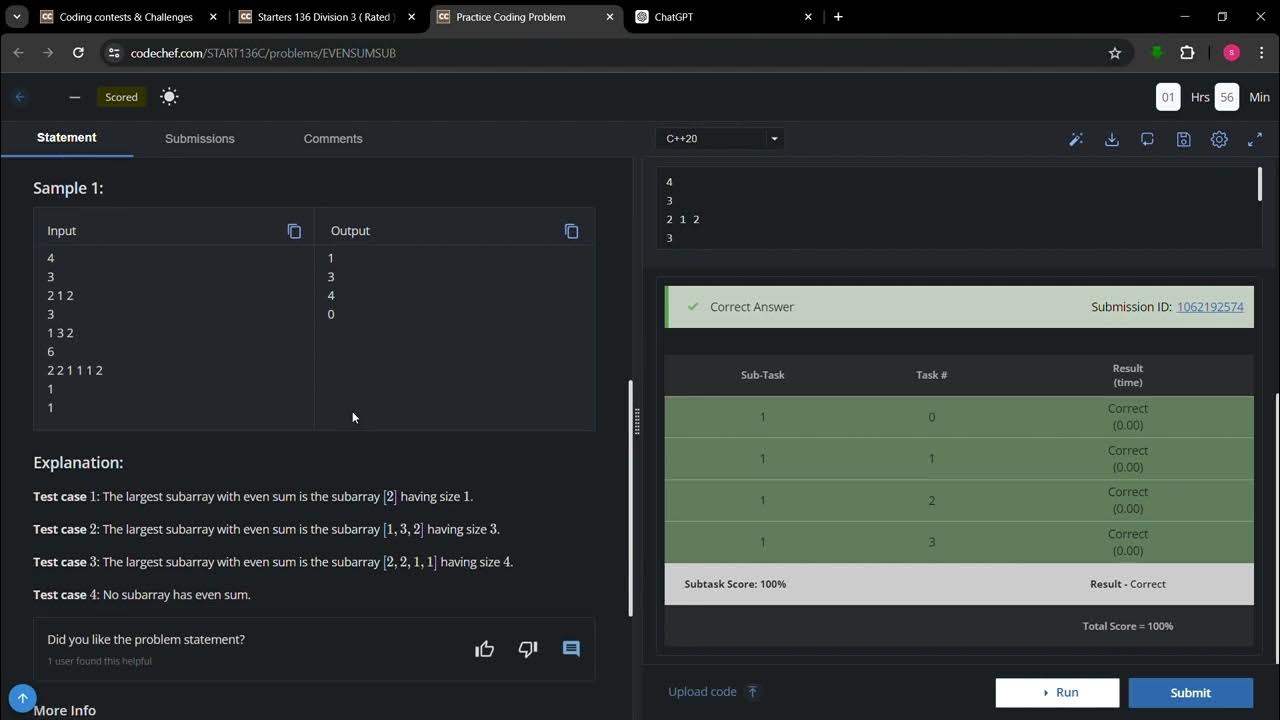 codechef starter 136 contest solution even sum subarray - YouTube