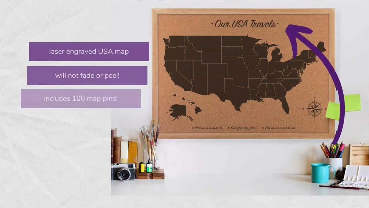 Cork Map of the United States, US travel map, Cork board map