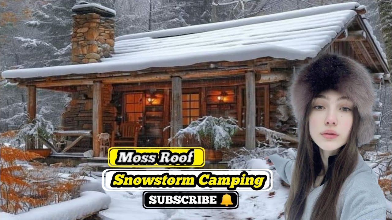 Moss roof Cabin under Snowstorm Woods samovar Winter Bushcraft Camp ...