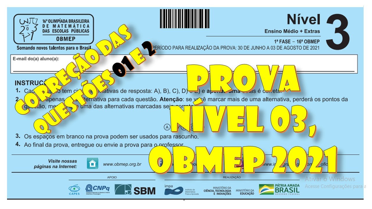 CORREÇÃO DA PROVA DA OBMEP NÍVEL 3 de 2021 (Questões 1 e 2) - YouTube