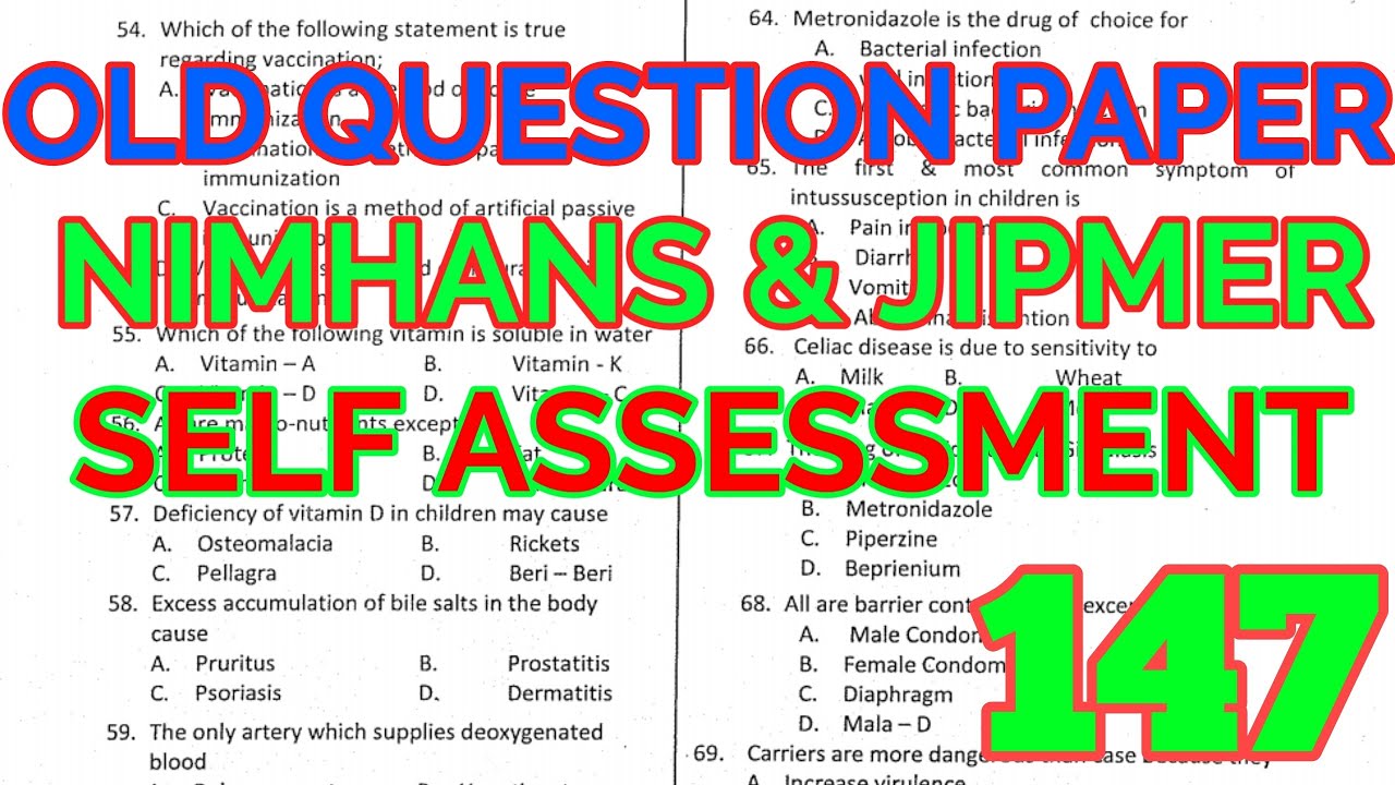 NIMHANS- JIPMER OLD QUESTION PAPER PART 147 - SELF ASSESSMENT - YouTube