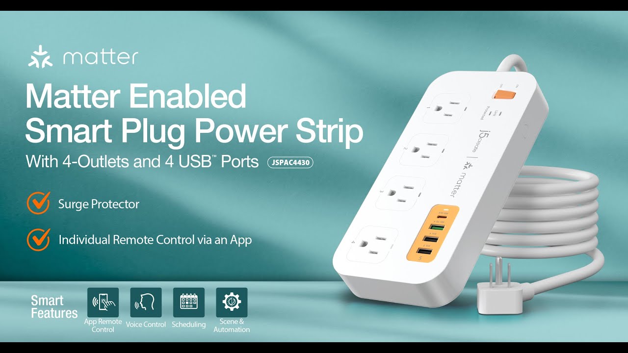 j5create | Matter Enabled Smart Plug Power Strip With 4-Outlets and 4 USB™ Ports | JSPAC4430 ...