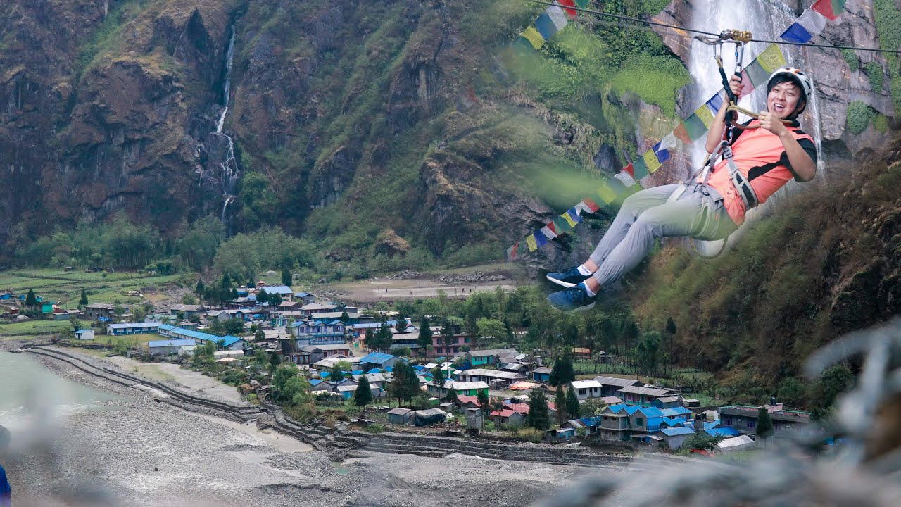 Syange Waterfall Zipline || Tal Village, Manang || Travel Vlog - YouTube