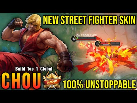 100% Unstoppable!! Chou x Ken New STREET FIGHTER Skin!! - Build Top 1 Global Chou ~ MLBB