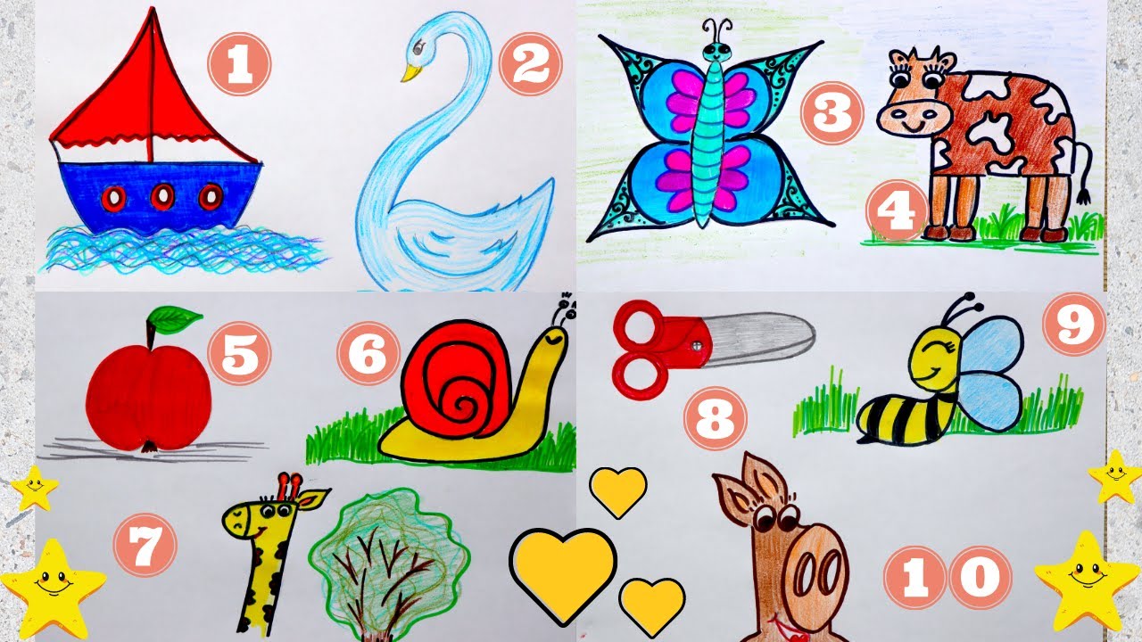 How to Draw Using Numbers | 10 Drawings from numbers ⛵️🦢🦋🐄🍎🐌🦒 ️ 🐝🐗 ...