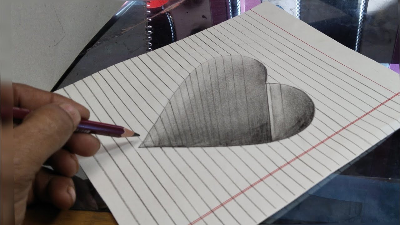 Draw a 3D heart on line paper // 3D art on line paper - YouTube