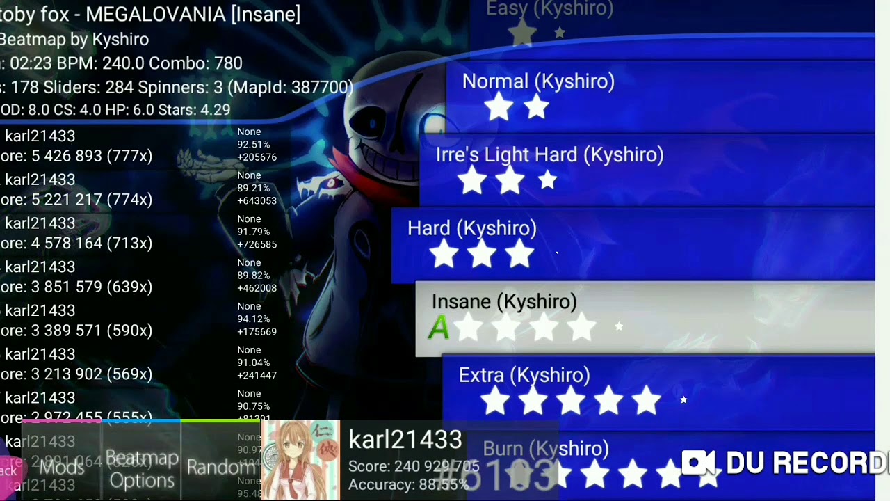 【osu!droid在機場有雜音】toby fox - MEGALOVANIA (Kyshiro) [Insane] - YouTube