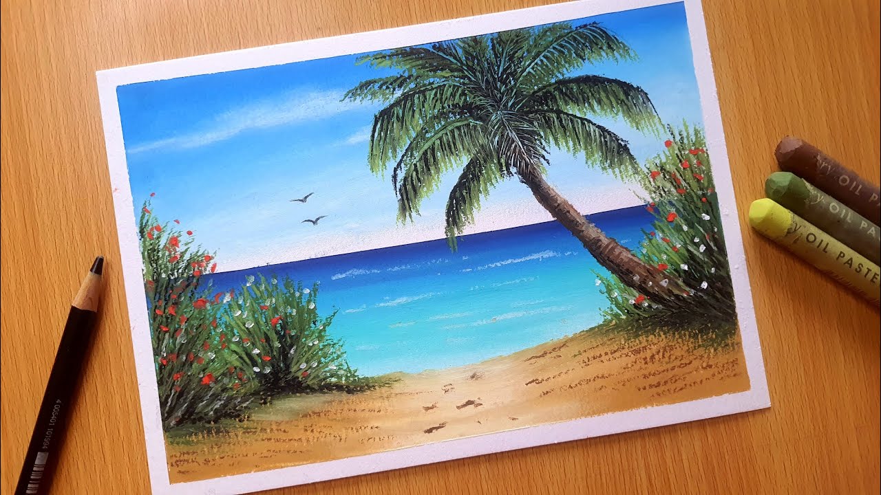Oil Pastel Nature Drawing for Beginners / CALM TROPICAL SEASCAPE / Oil ...