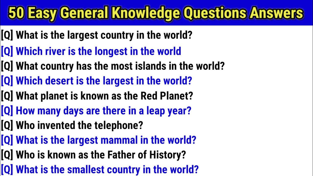 Top 50 : Easy Gk Questions Answers In English।।Gk Questions।।Gk ...