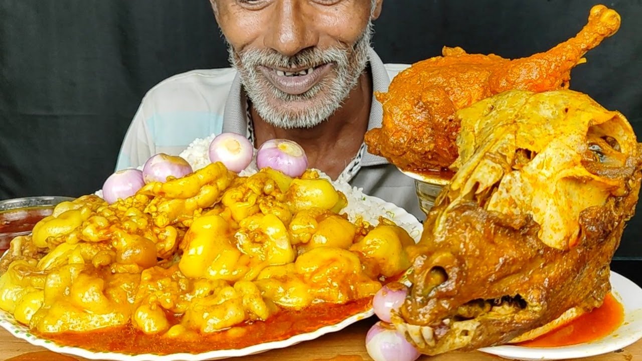 EATING OILY MUTTON FAT CURRY, WHOLE CHICKEN CURRY, 2 KG GOAT HEAD WITH ...