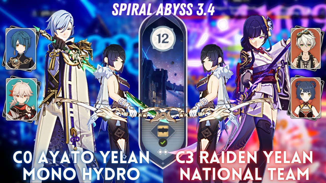 C0 Ayato Yelan Mono Hydro & C3 Raiden Yelan National | Spiral Abyss 3.4 ...