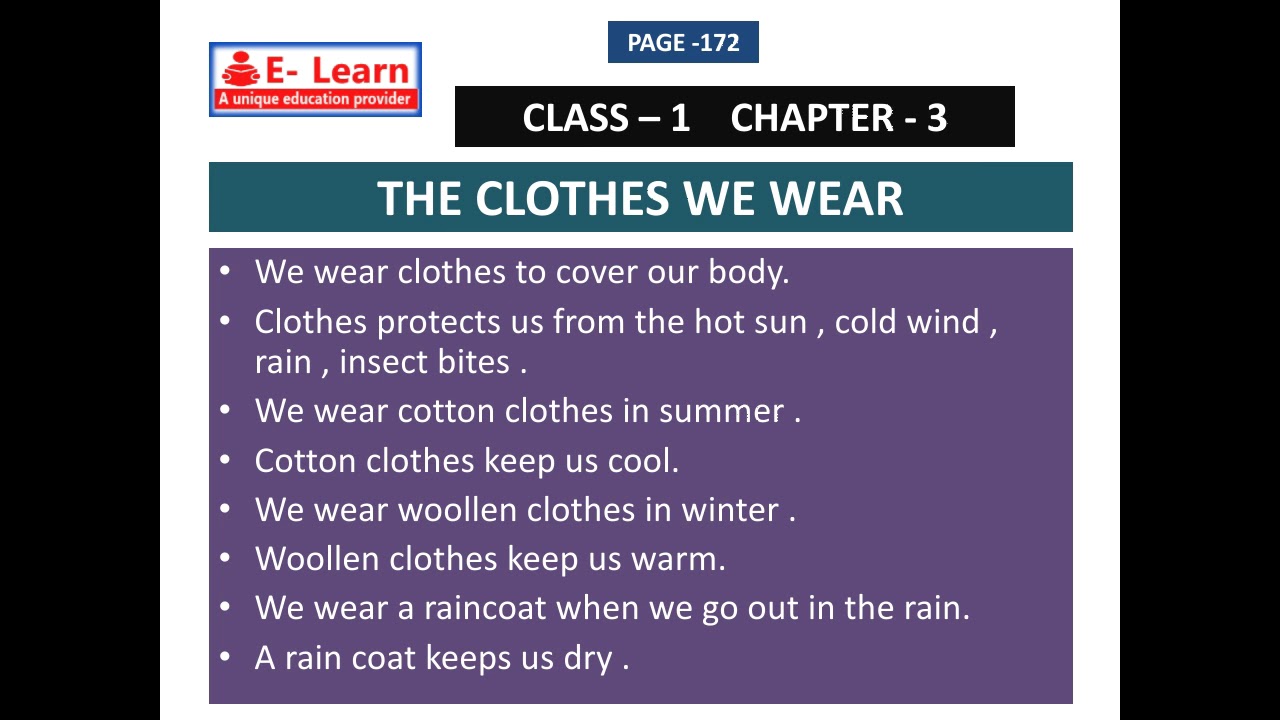 CLASS 1 E.V.S. CHAPTER 3 THE CLOTHES WE WEAR - YouTube