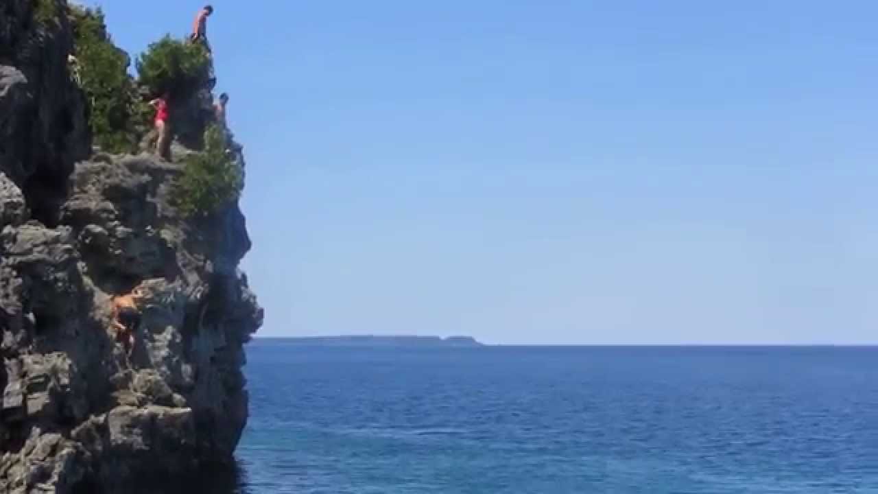 Parallel 32 foot cliff jump at the Grotto on Bruce Peninsula, Ontario ...