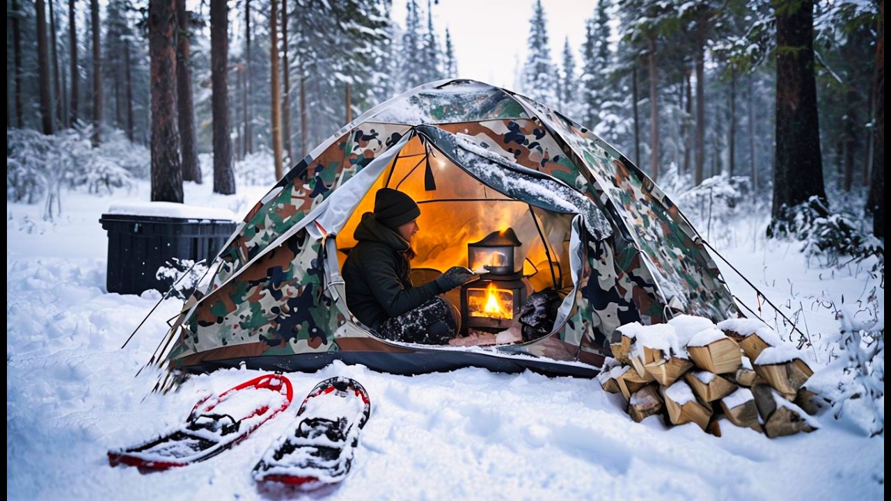 SNOW CAMPING IN A COZY LITTLE HOT TENT | WINTER CAMPING IN SNOWY FOREST ...