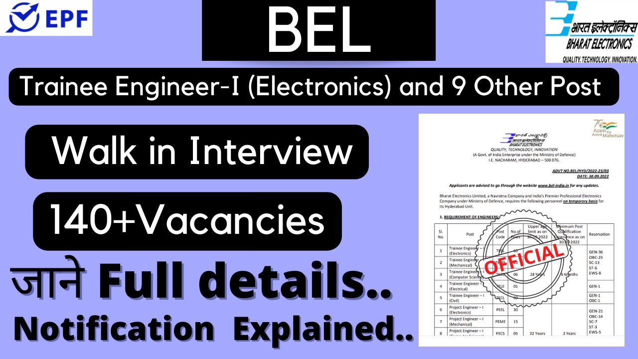 BEL || Project Engineer || Trainee Engineer || Engineering Post 2022 ...