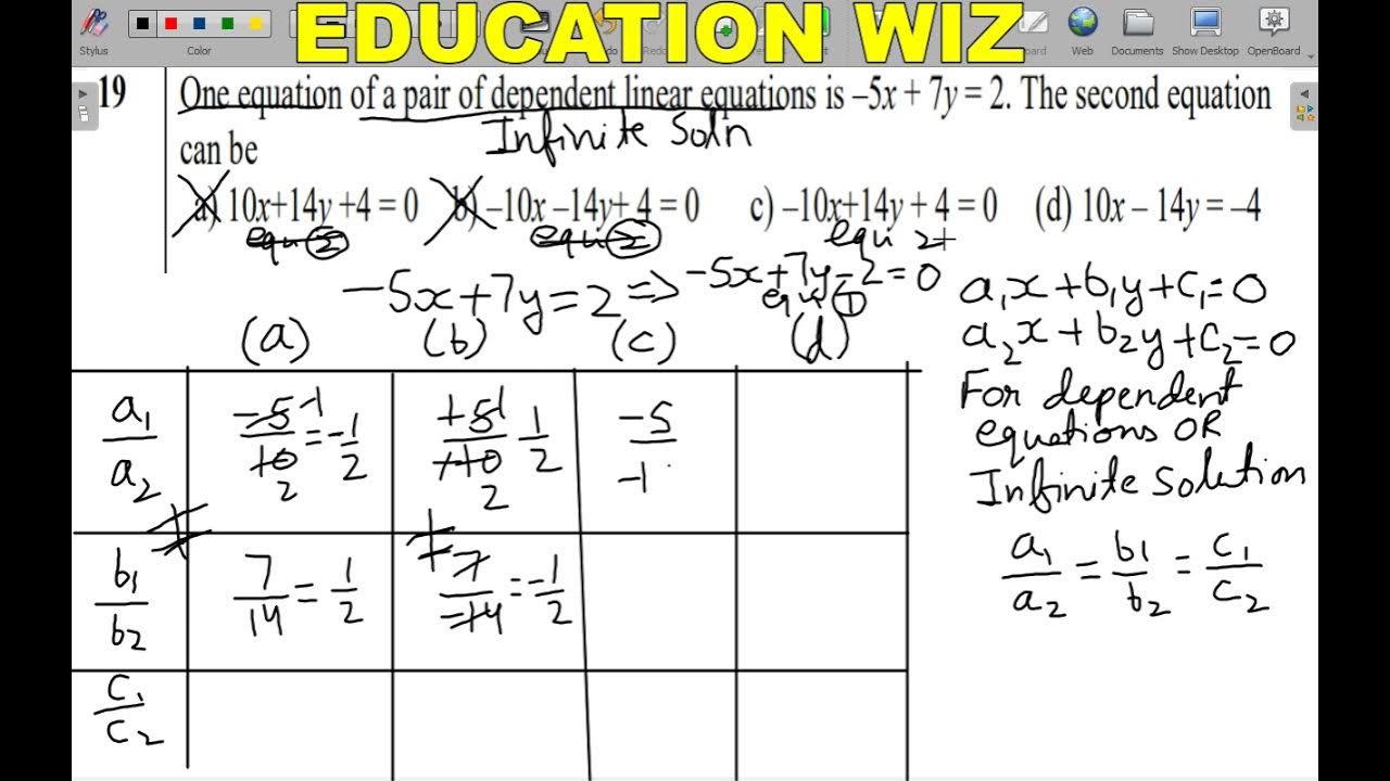 One equation of a pair of dependent linear equations is –5x + 7y = 2. The second equation can be ...