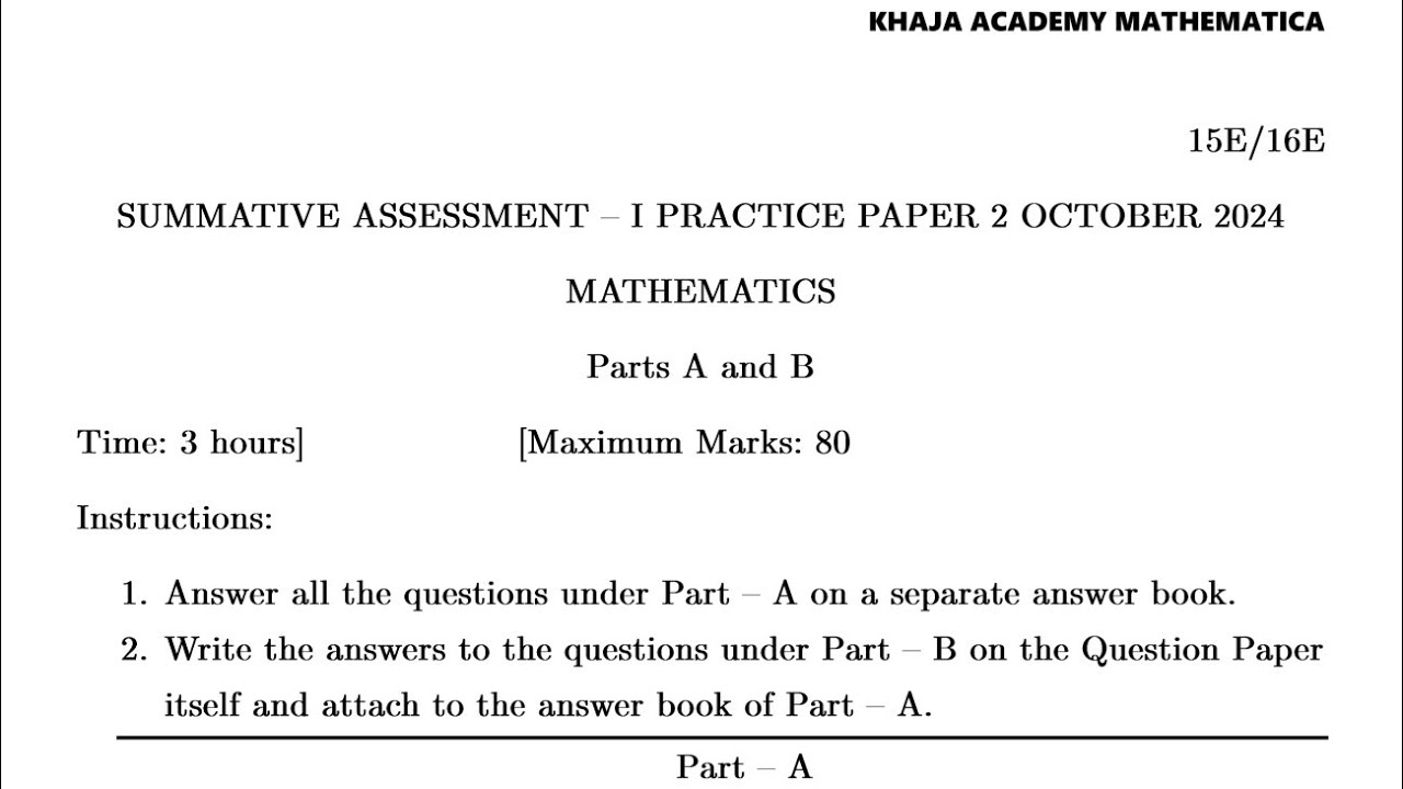 Summative Assessment -I Mathematics Practice Paper Set-2 October 2024 ...