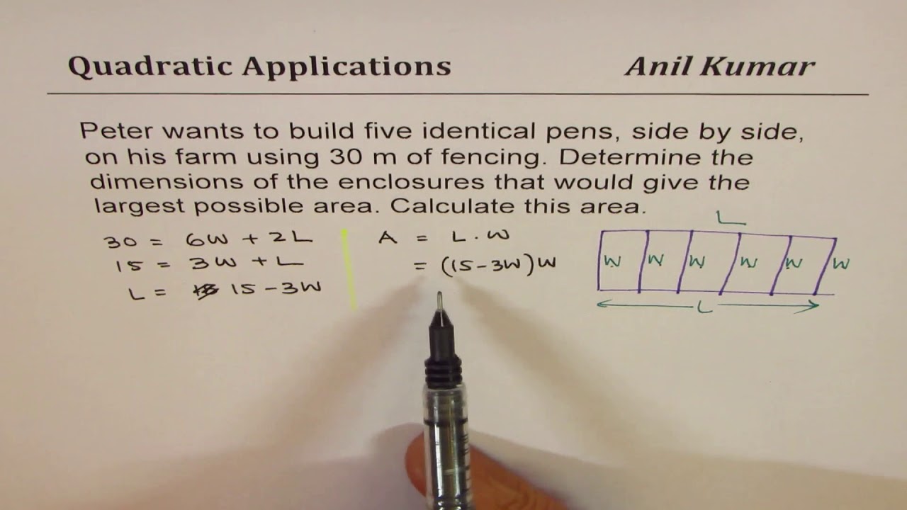 Maximum Area for 30 m Fence with five Rectangular pens - YouTube