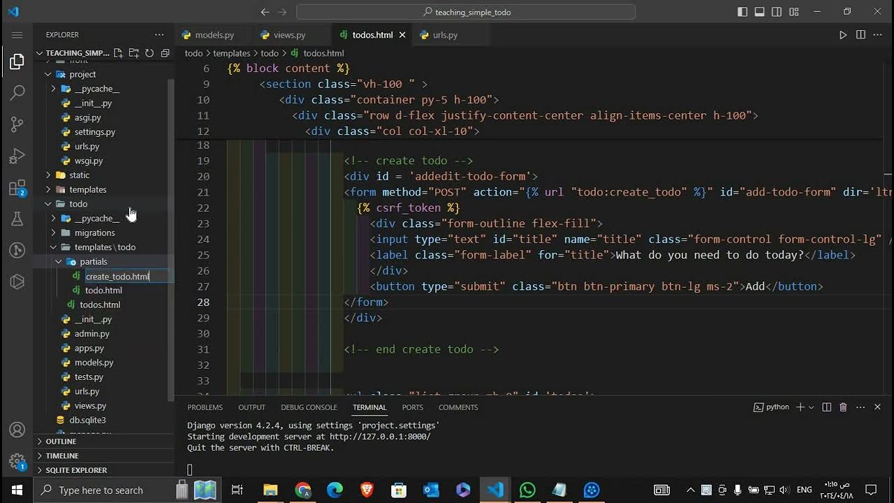 django 10 separate create todo part in a file - YouTube