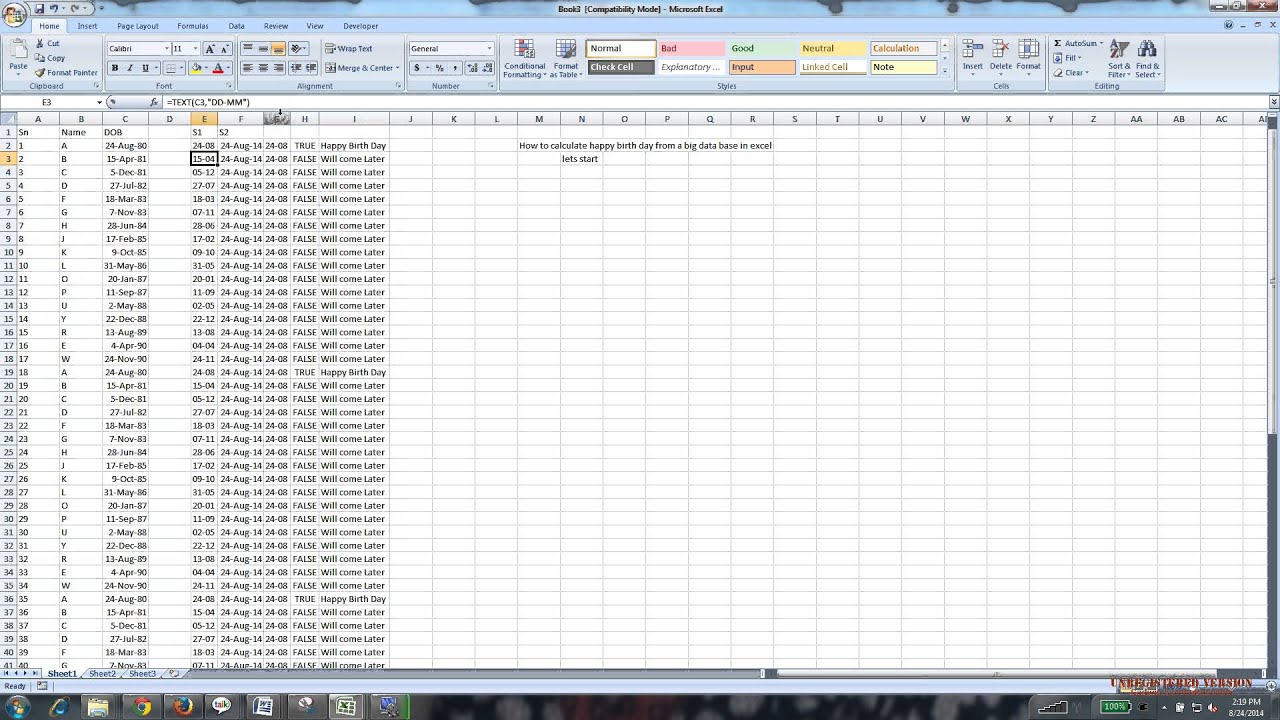 How to calculate Happy Birth day in Excel - YouTube