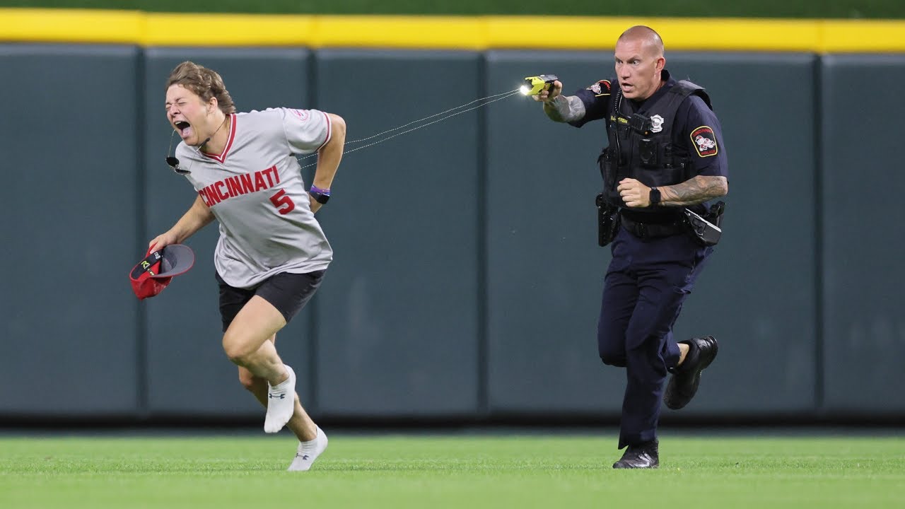 Fan invades baseball field, does a backflip and gets Tasered | CAUGHT ...