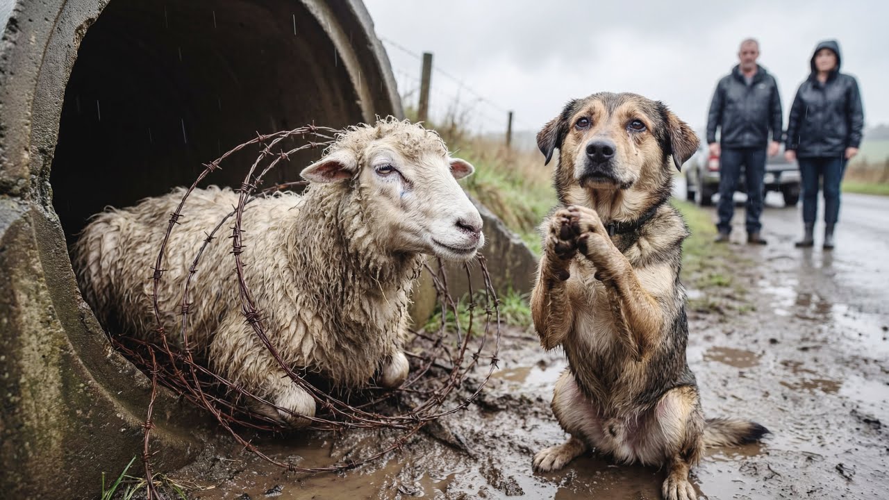 A dog begs for help to save a sheep trapped under a drain - YouTube