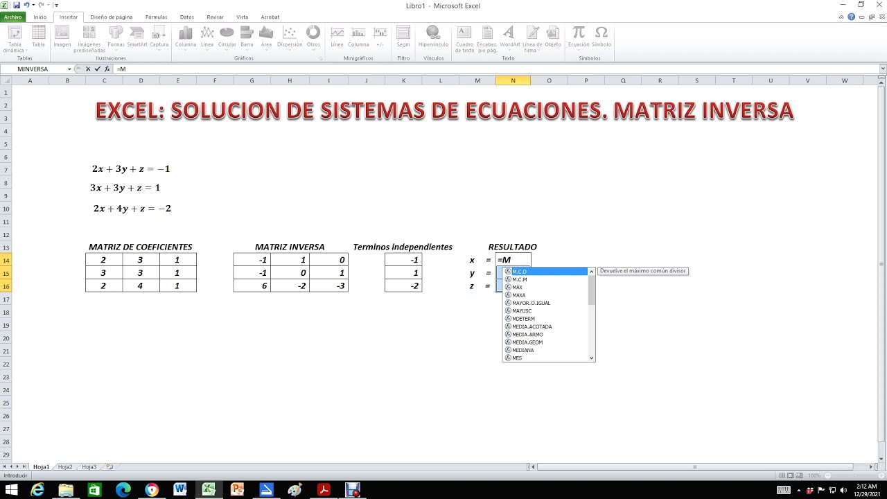 EXCEL: SISTEMA DE ECUACIONES. MATRIZ INVERSA - YouTube