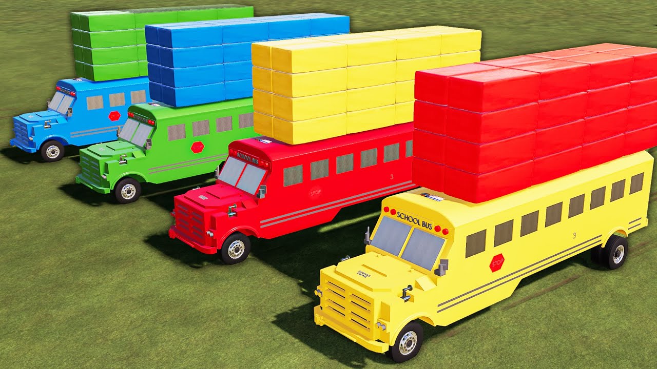 Tractor Bus of Colors! Square Hay Bale Jobs w/ SCHOOL BUSES & SUV CARS ...