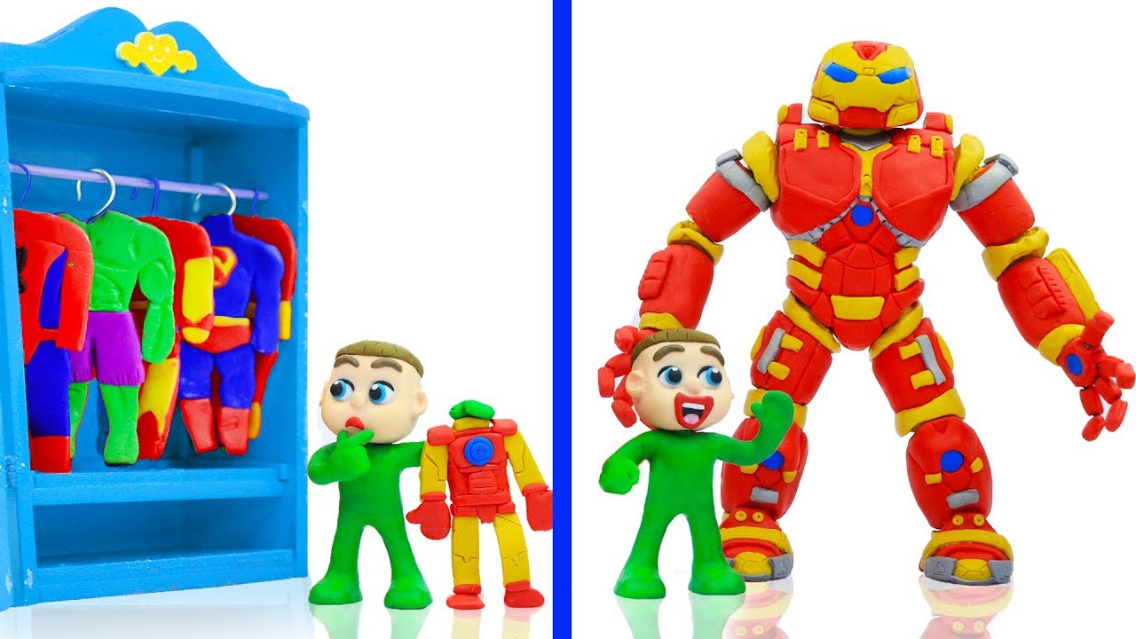 BABY MEETS SUPERHERO IRON HULKBUSTER 💖 Cartoons Play Doh Stop Motion ...