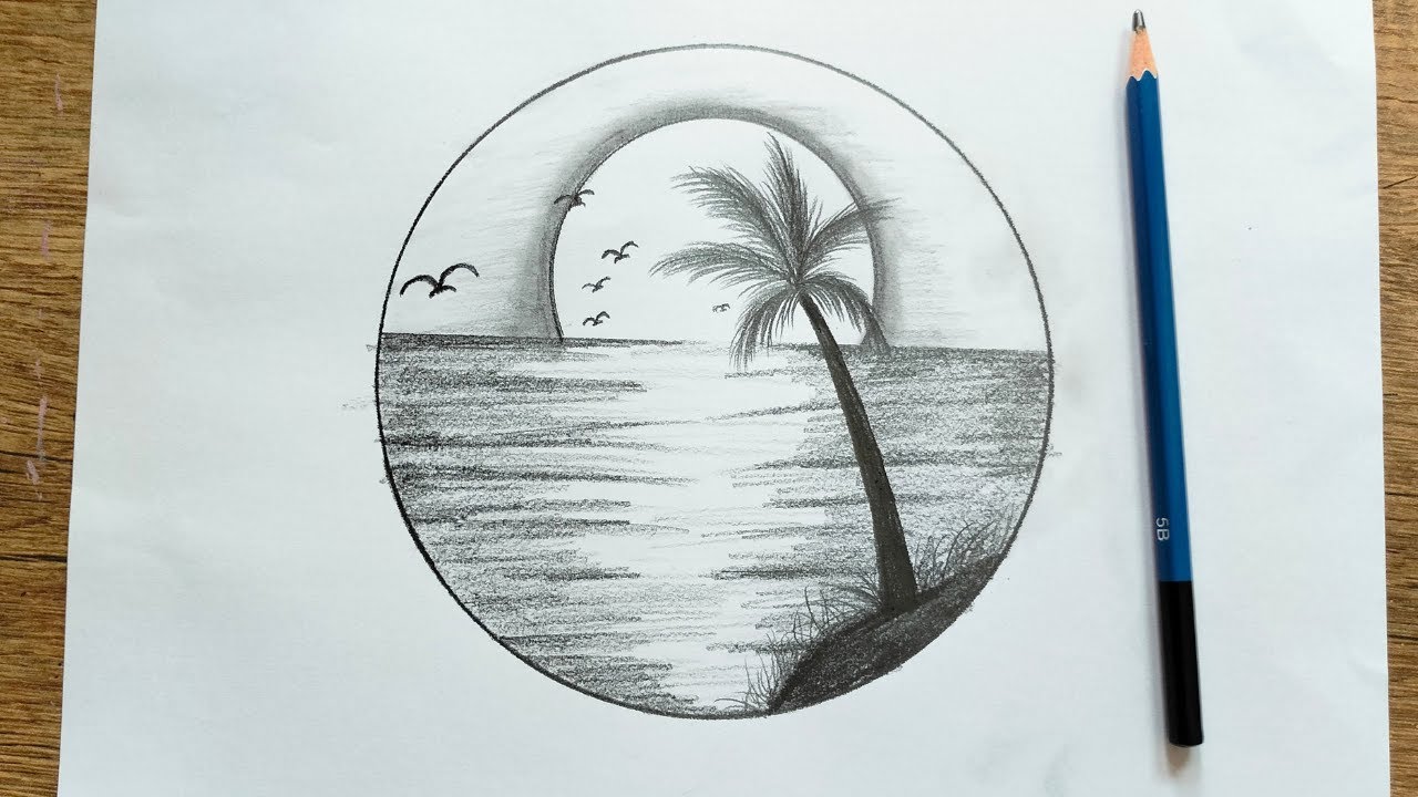 sunset scenery pencil sketch drawing in a circle || sunset drawing step ...