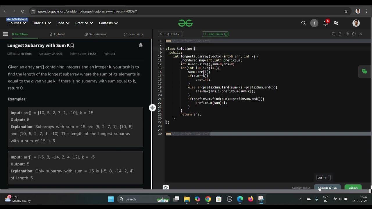 Longest Subarray with Sum K| #gfg #potd | 15-01-2025 | @DecodeMaster01 - YouTube