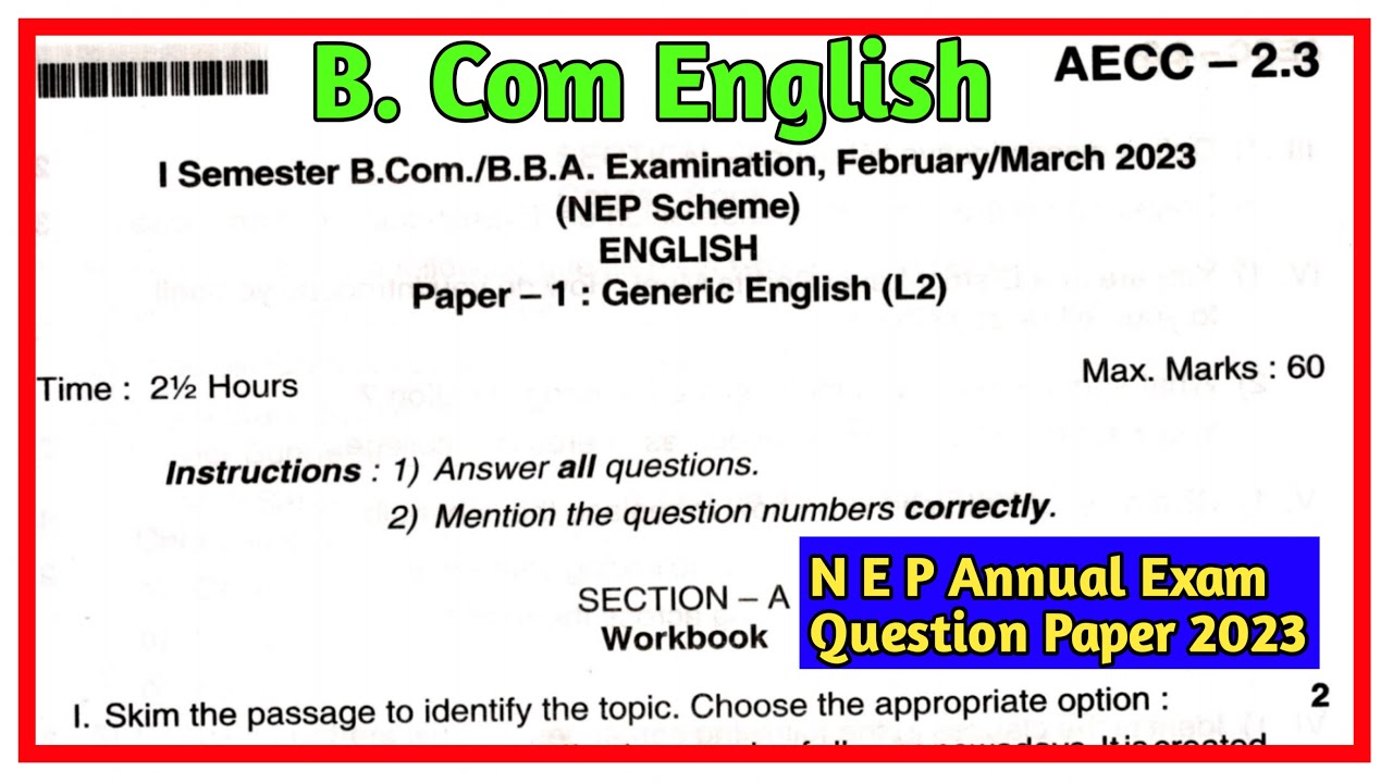B Com 1st Sem English 2023 N E P Annual Exam Question Paper Feb / March ...